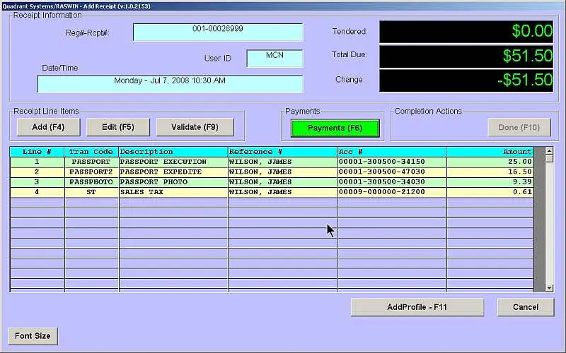 Quadrant Systems RASWIN - Section 5 - Receipt Processing